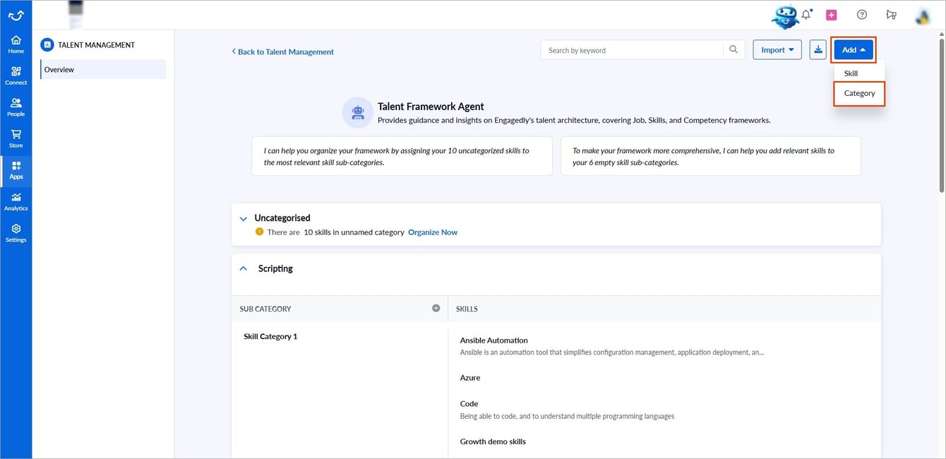 Add and manage skill categories and subcategories
