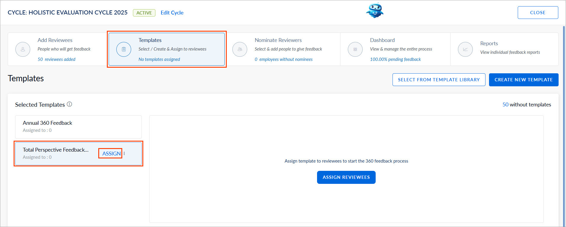Assign a 360 feedback template to reviewees