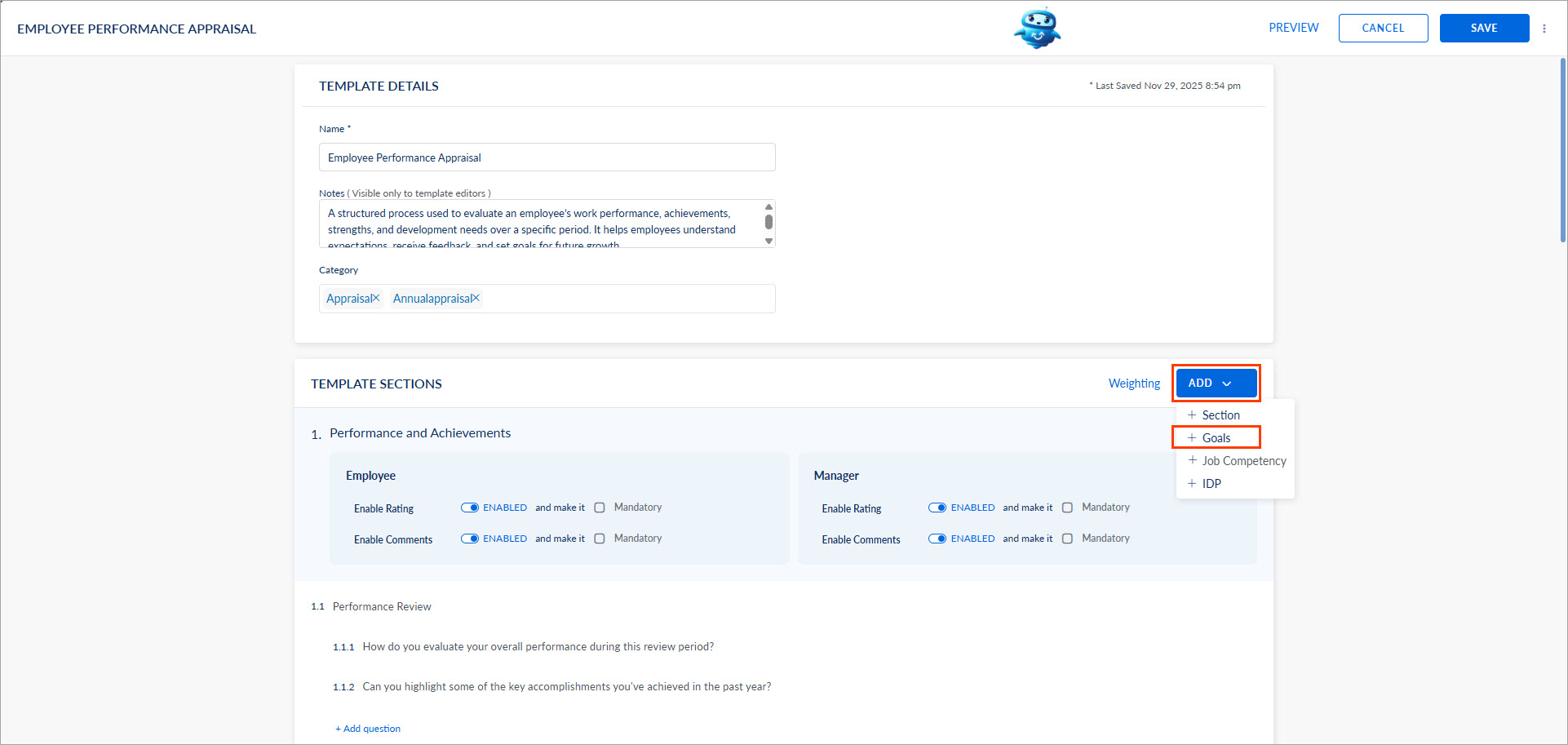 Auto-fetch goals and IDPs to the performance review form