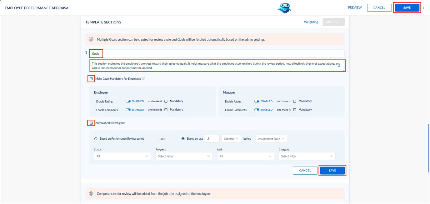 Auto-fetch goals and IDPs to the performance review form