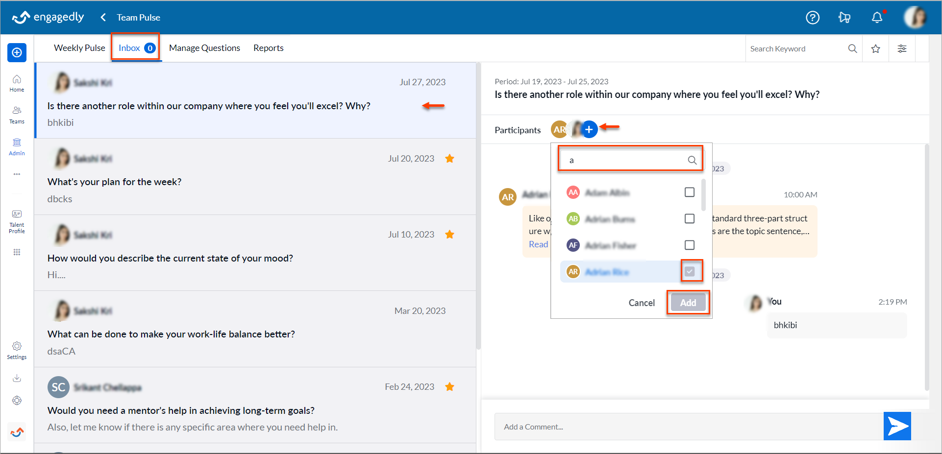 Inbox in team pulse