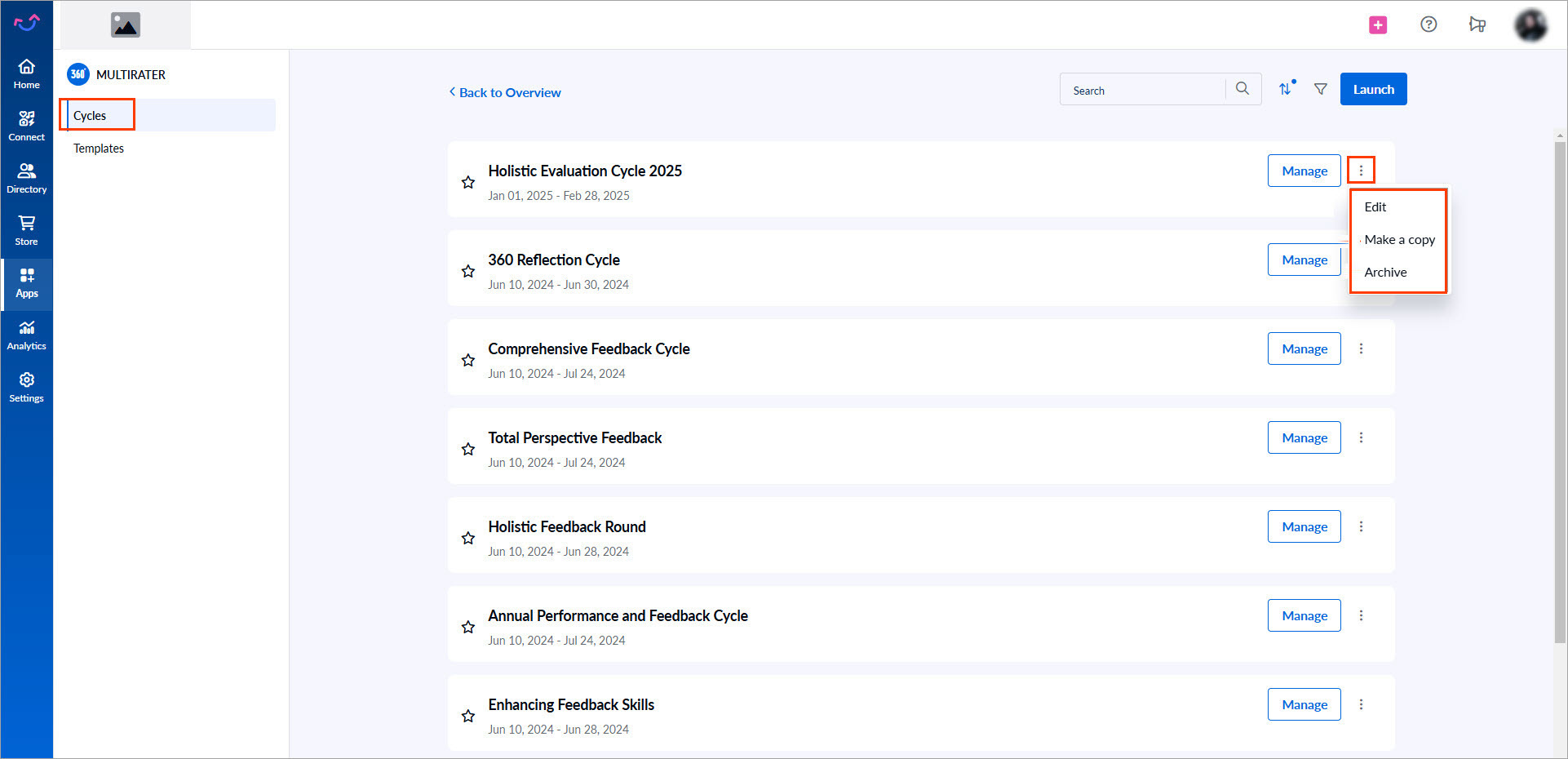 Manage a 360 feedback cycle