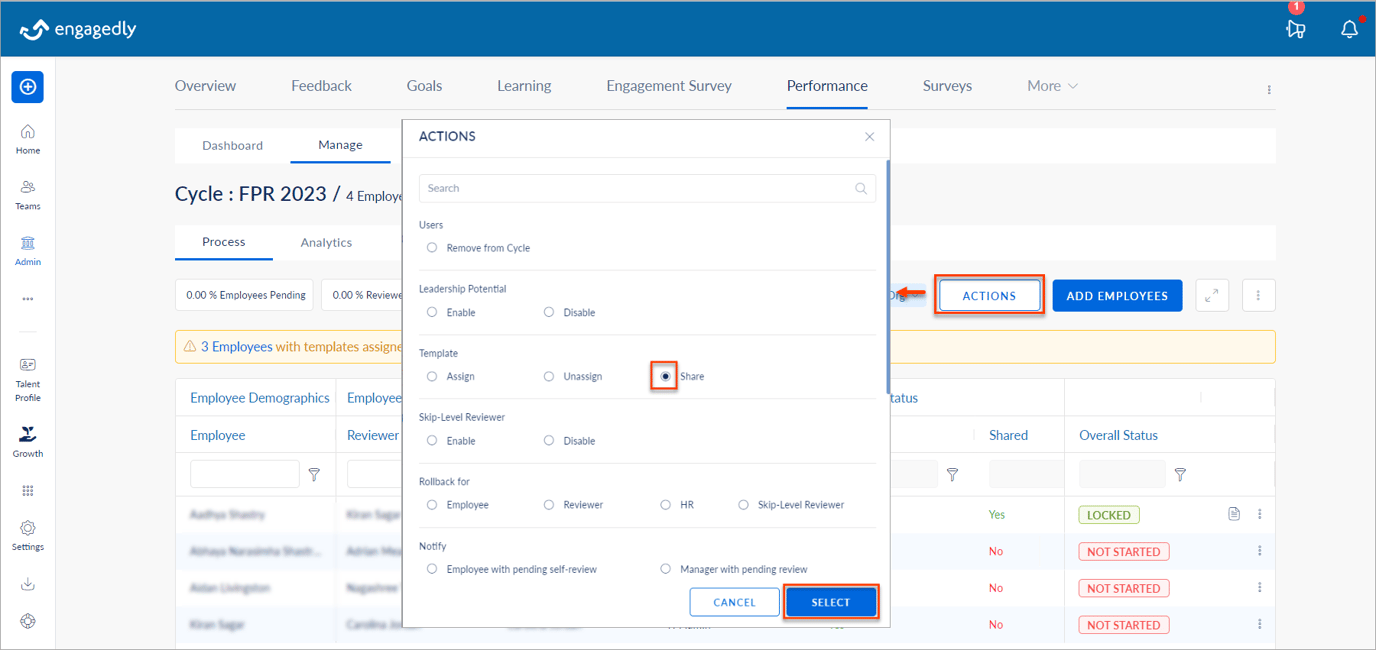 Assign, unassign, and share performance templates
