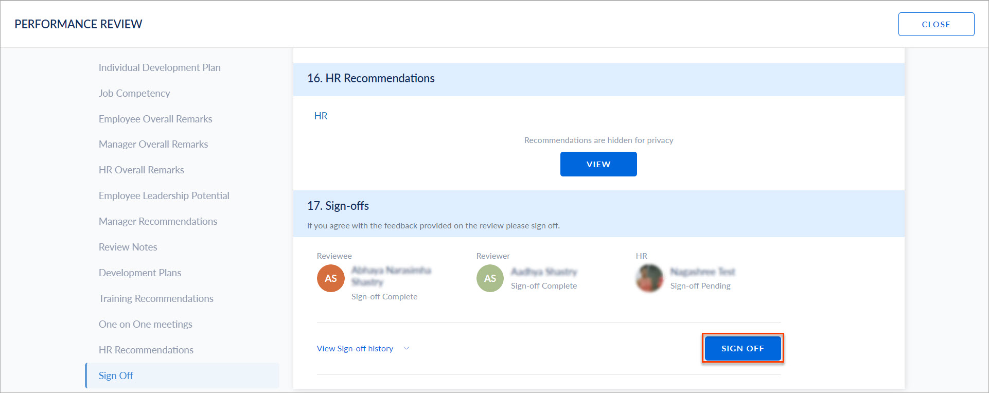 Sign-off performance reviews for employees