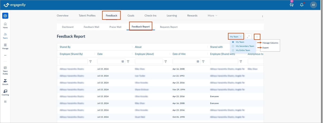 View and export feedback and request reports of team members